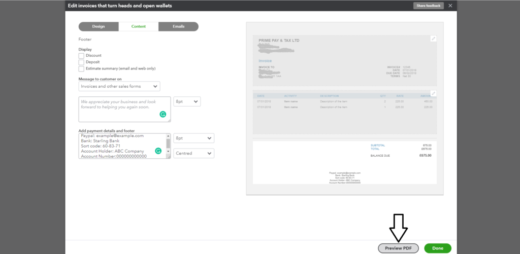 How to add bank details to your sales invoices in QuickBooks